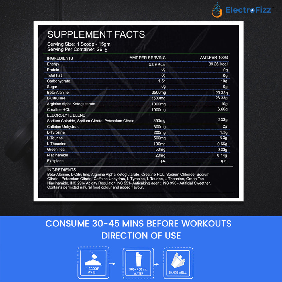 BuyElectroFizz Pre-Workout SuperCharge Blue Raspberry Flavour, 400gm ...