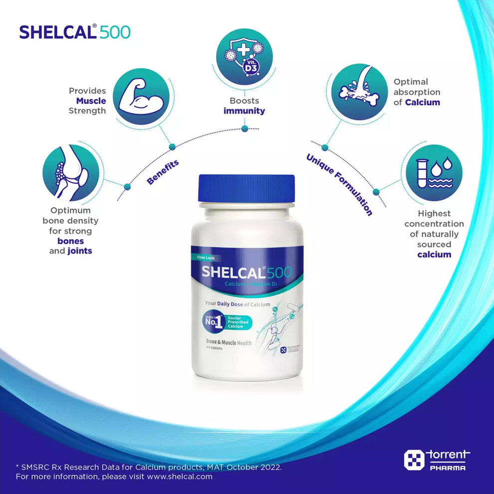 Shelcal 500 Calcium+Vitamin D3 : Bone & Muscle Health, 30 Tablets ...